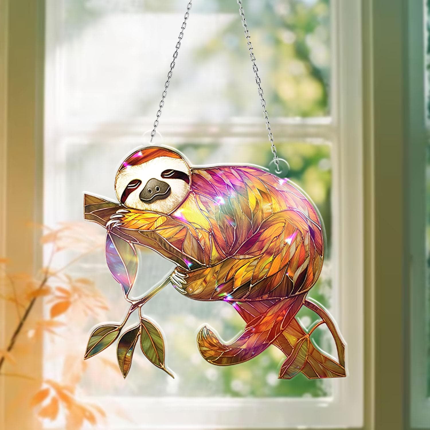 Cute Sloth Sleeping On Branch Acrylic Window Hanging, Stunning Nature ...