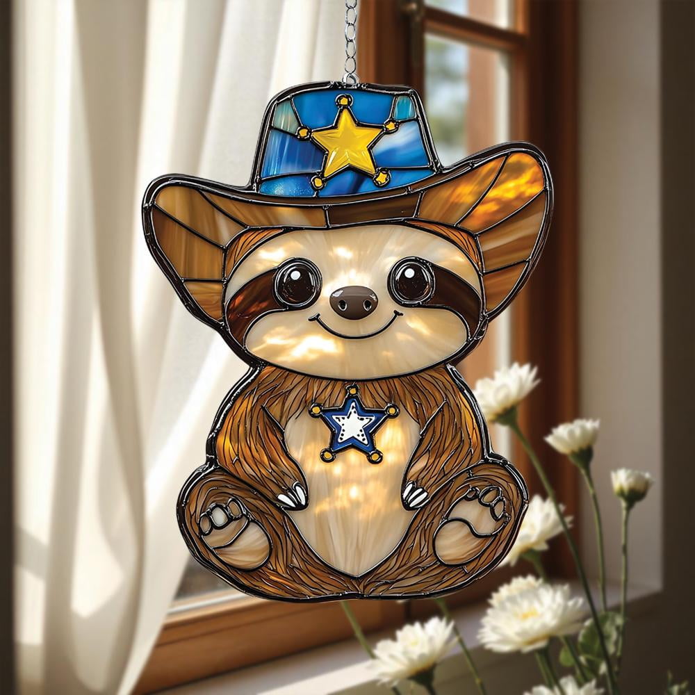 Cute Sloth Wearing Star Hat Faux Stained Glass Suncatcher – Cowboy Hat ...