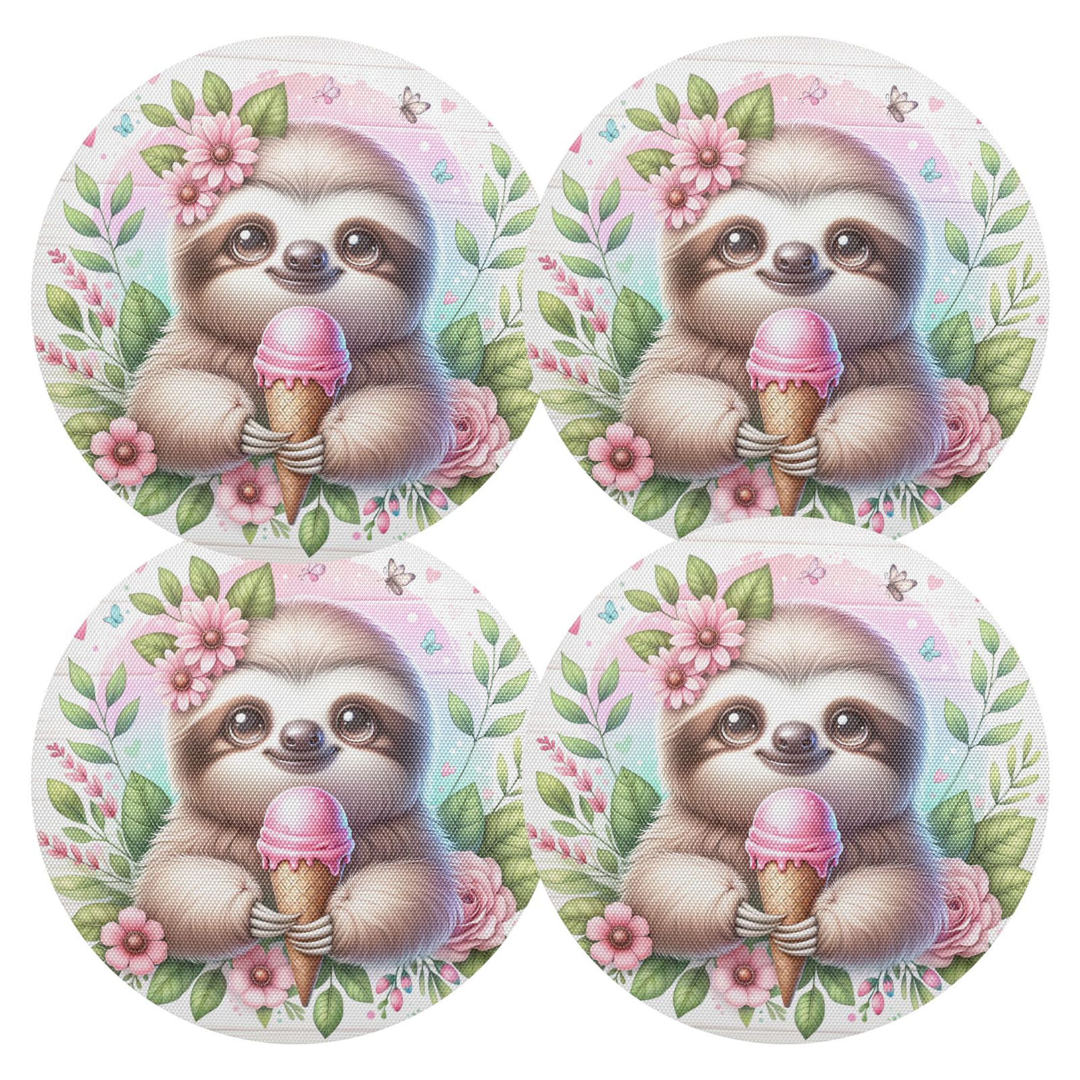 Cute Sloth with Ice Cream Round Placemats Set of 4 Washable Non-Slip ...