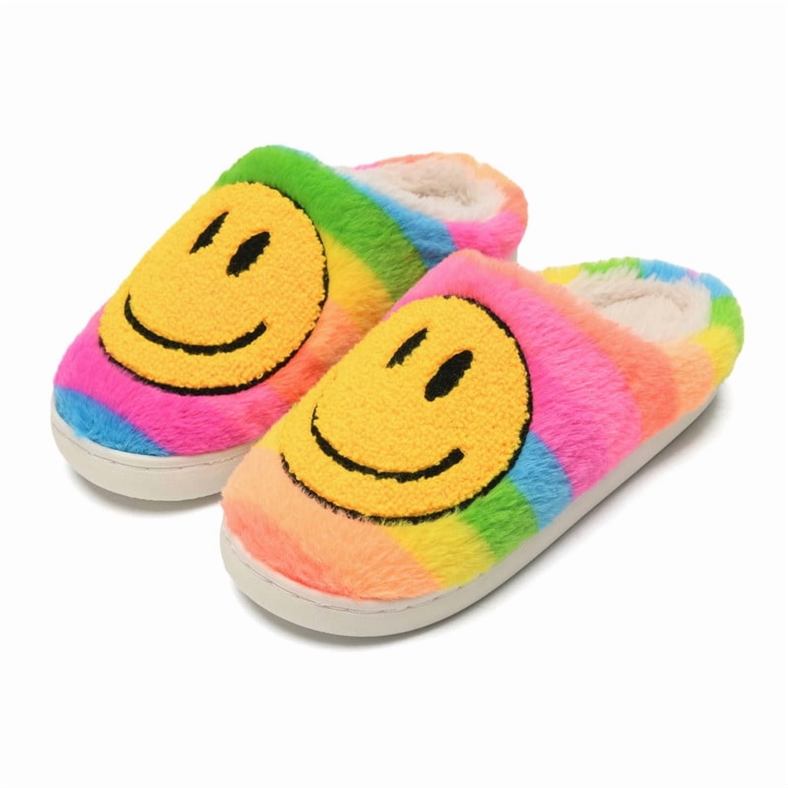 Cute Smile Face Slippers, Retro Soft Plush Furry Fluffy Indoor Outdoor ...