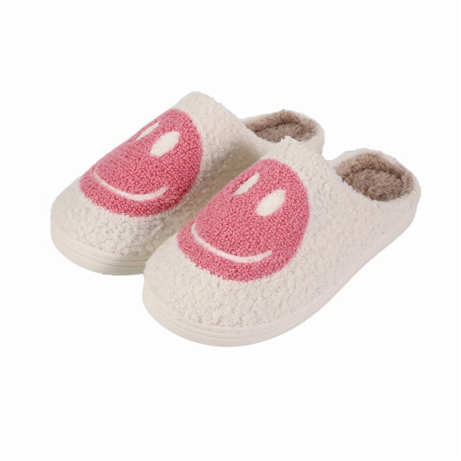 Cute Smile Face Slippers, Retro Soft Plush Furry Fluffy Indoor Outdoor ...