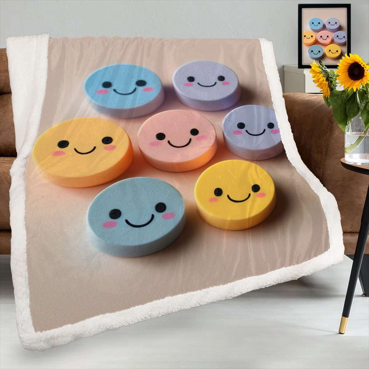 Cute Smiley Erasers Set Sherpa Blanket Throw Blanket For Bed Chair Sofa ...