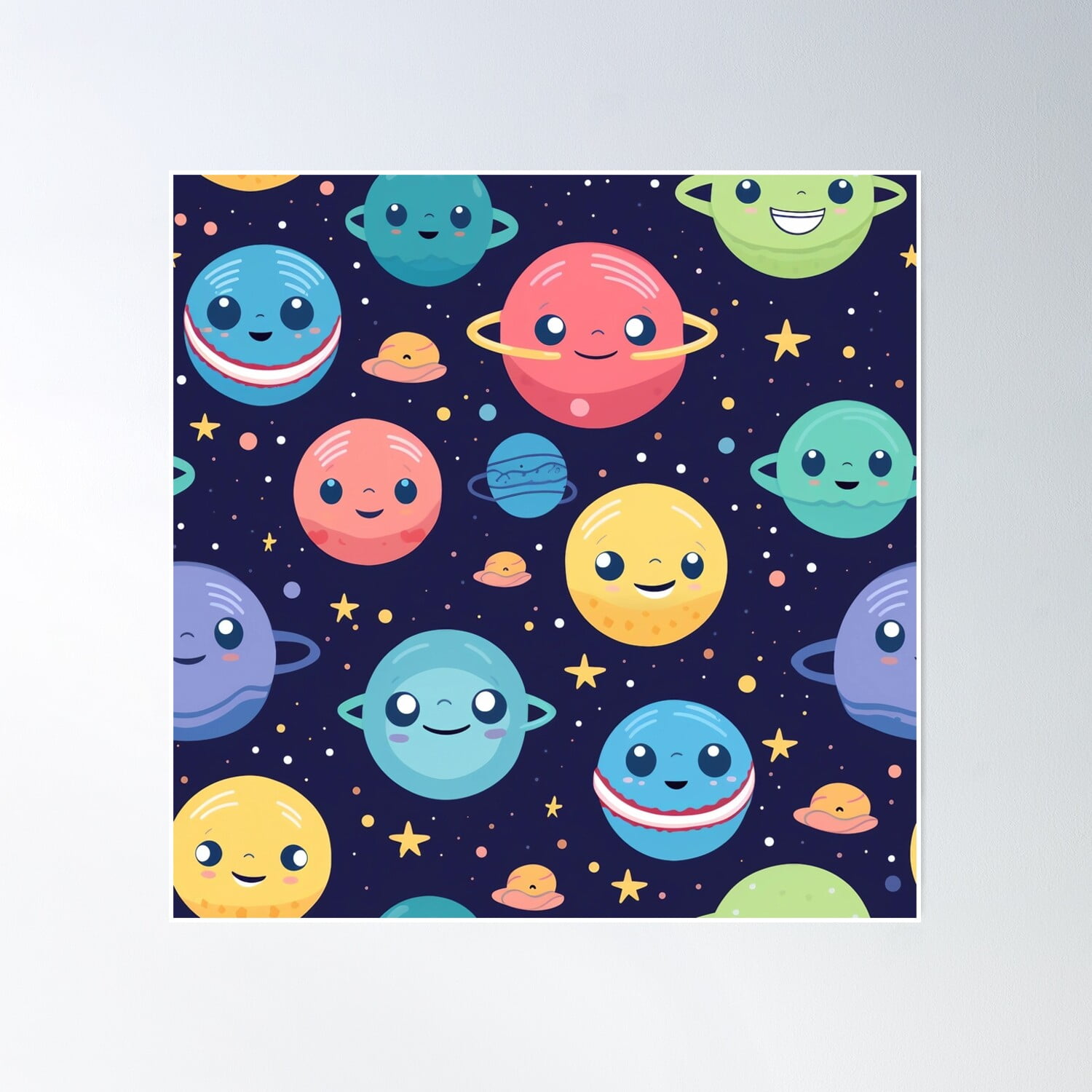 Cute Smiling Planets In A Colorful Galaxy Poster Wall Art, Modern Wall ...