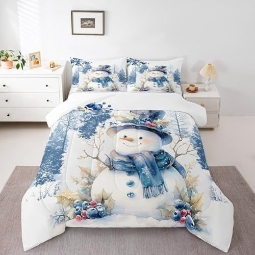Cute Snowman Bedding Set Twin Size 2 Pcs Watercolor Blueberry Jungle ...