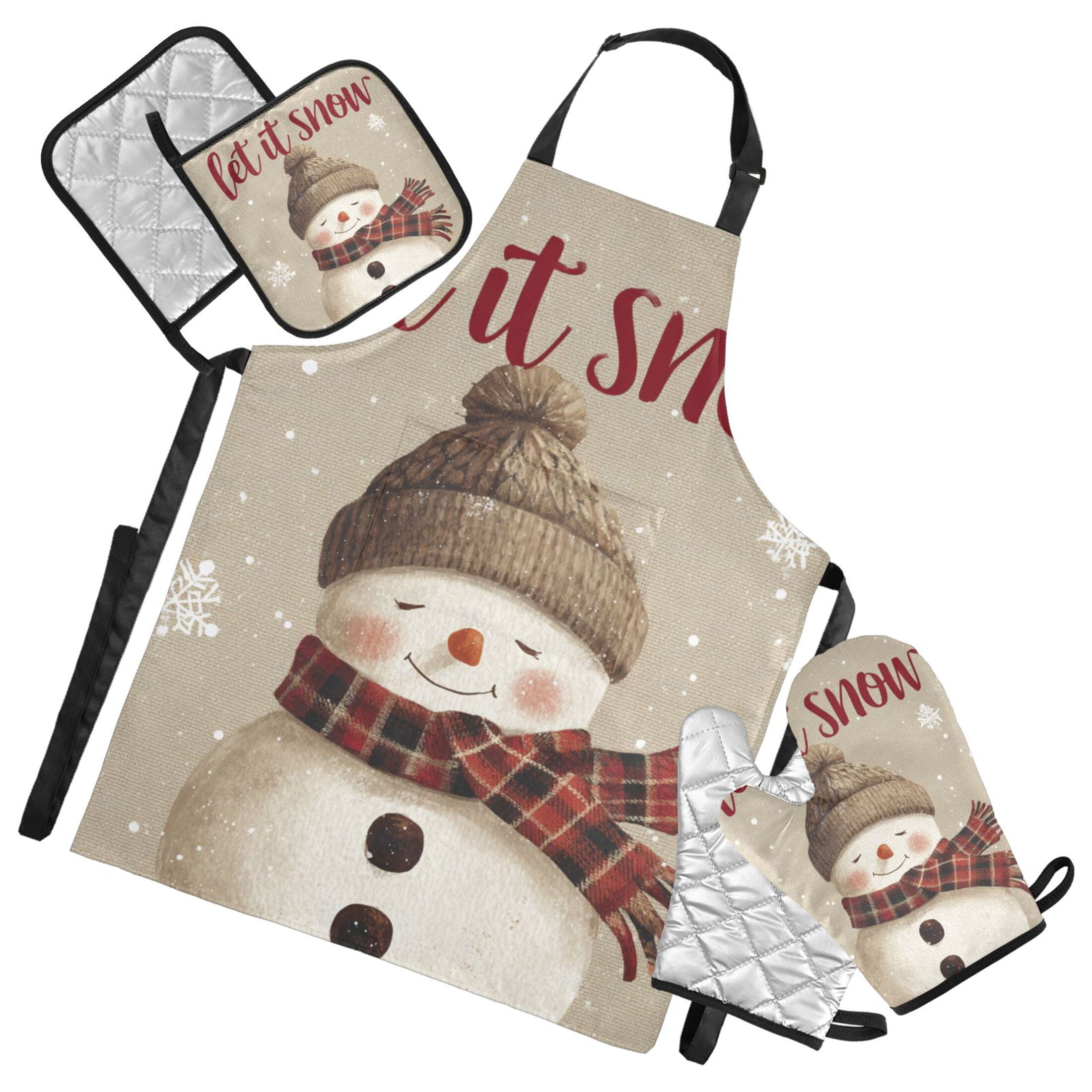 Cute Snowman Close Eyes Christmas Apron Set with Oven Mitts Pot Holders ...