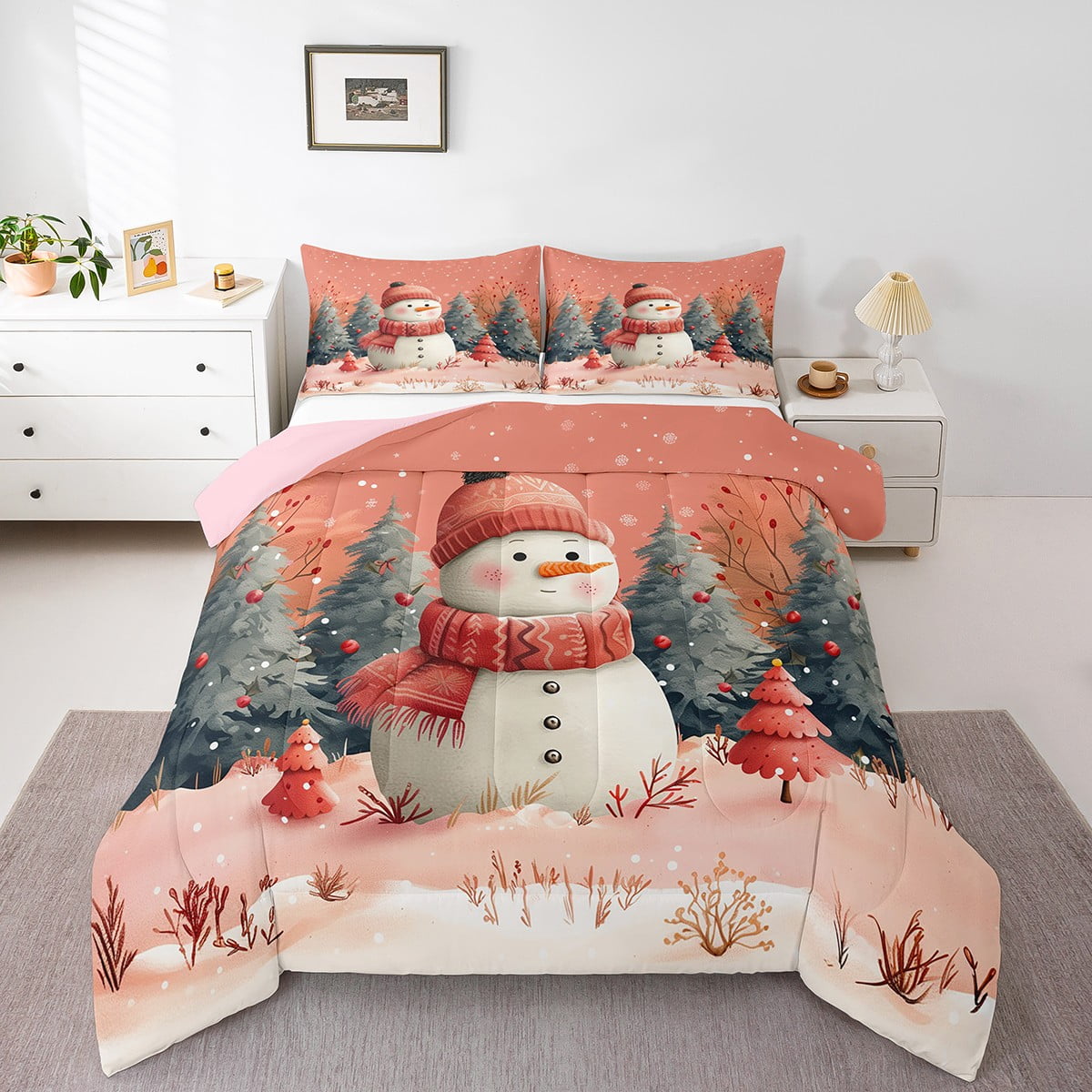 Cute Snowman Comforter Set Cartoon King Bedding Set,Christmas Tree ...