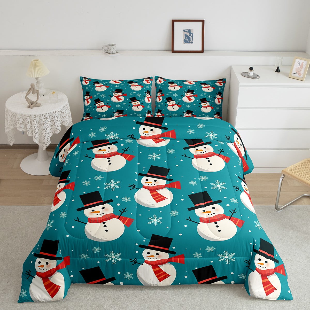 Cute Snowman Comforter Set Xmas Snowflake Twin Bedding Sets for Girls ...
