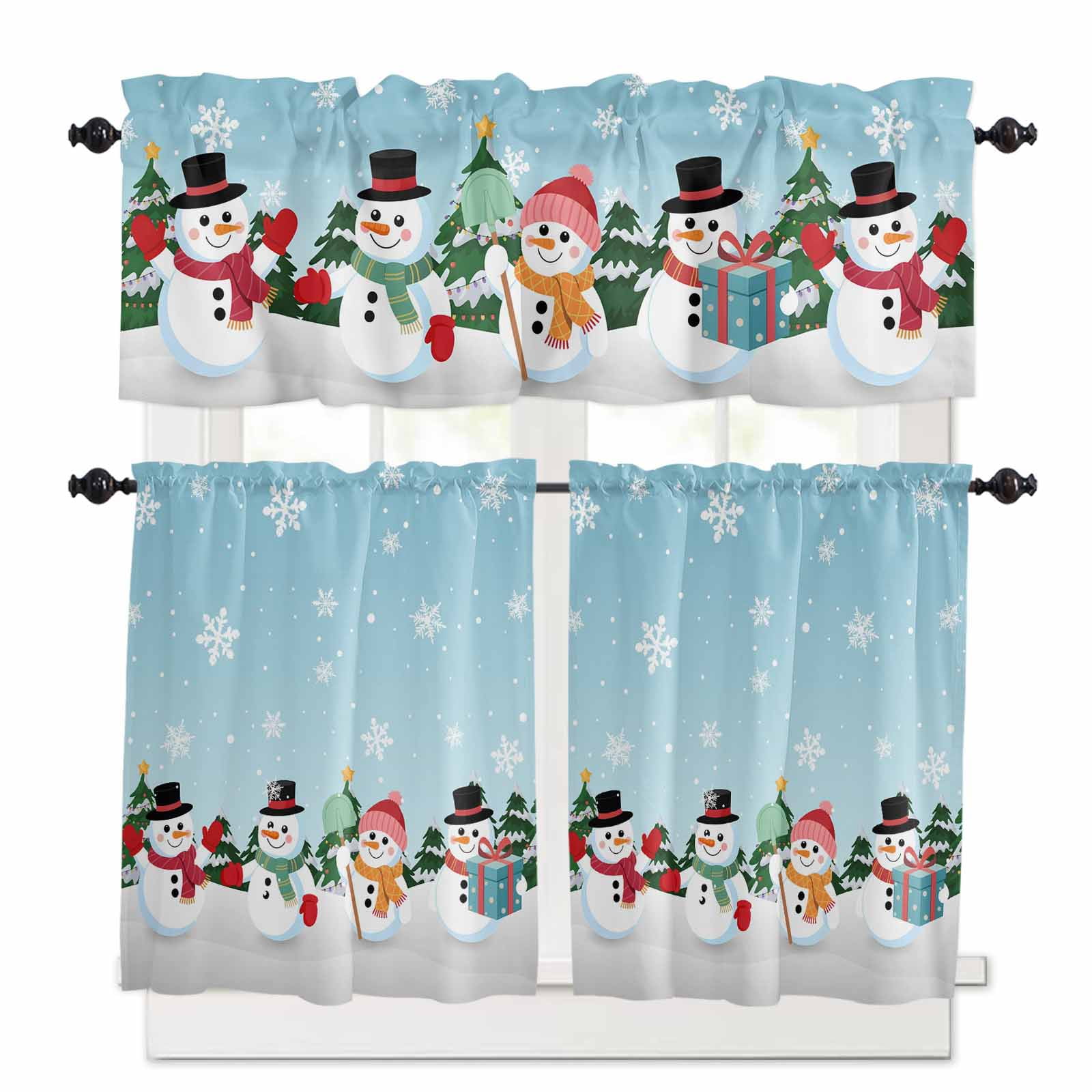 Cute Snowman Kitchen Curtains and Valances Set, Snowflake Winter Blue ...