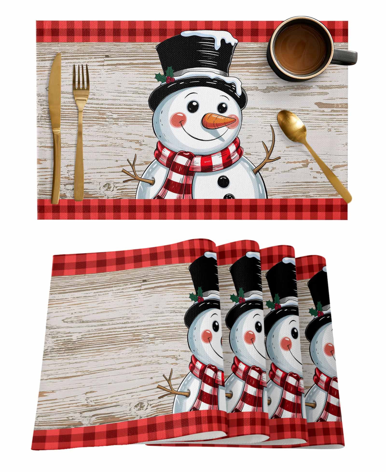 Cute Snowman Placemats Set of 8 Wood Grain Red Black Plaid Winter ...