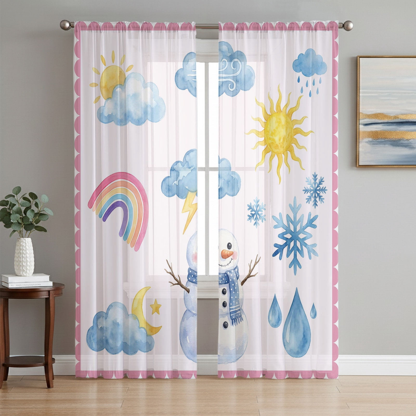 Cute Snowman Sheer Curtains for Living Room Bedroom Pink Weather Snowy ...