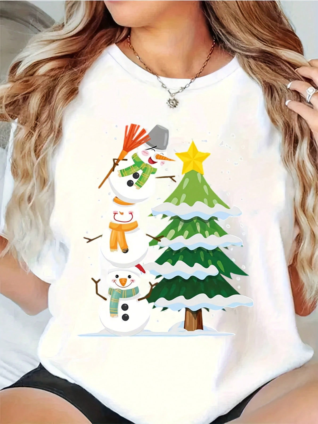 Cute Snowman Stack Pine Tree Women Short Sleeve Holiday Graphic Tee ...