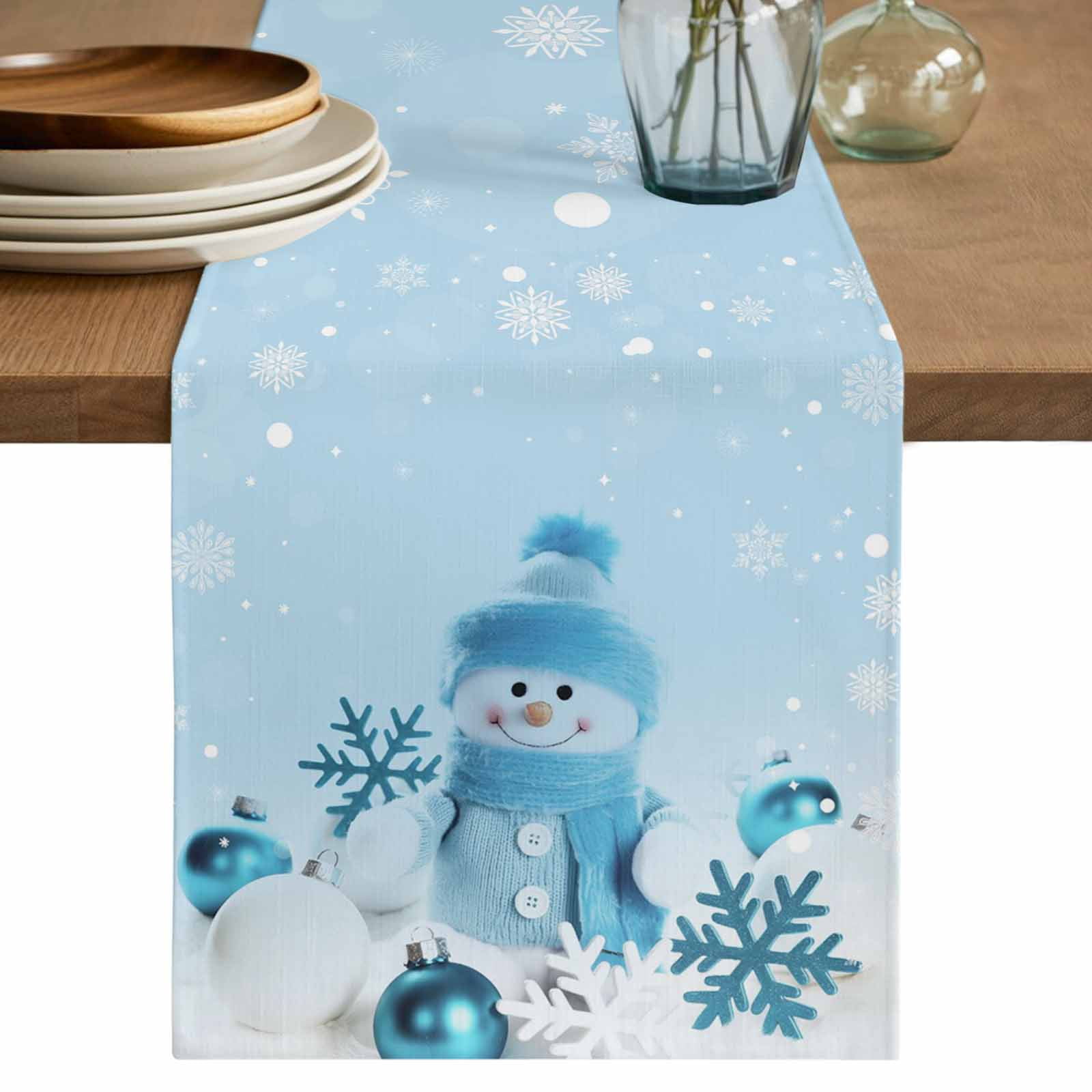 Cute Snowman Table Runner 48 Inches, Christmas Blue Winter Snowflakes ...