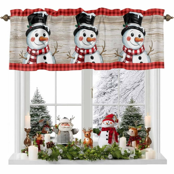 Cute Snowman Valance Curtain for Windows Wood Grain Red Black Plaid ...