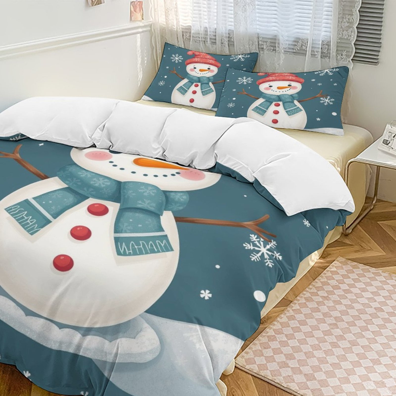 Cute Snowman Winter Scene. Bedding Set Soft Polyester Duvet Cover Set ...