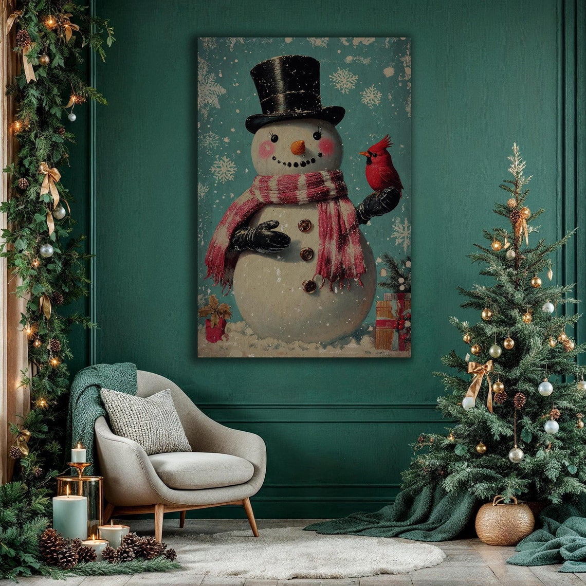 Cute Snowman With Red Bird Wall Art Winter Winter Scene Poster Presents ...