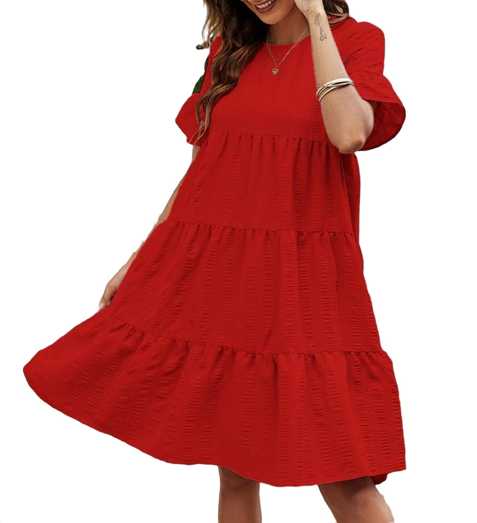 Cute Solid Round Neck Smock Short Sleeve Red Women Dresses for Spring ...