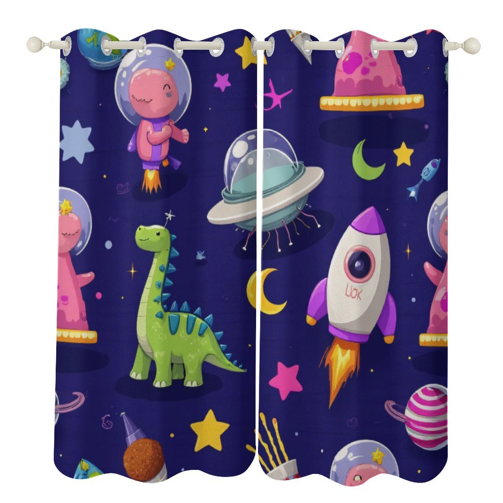 Cute Space Dinos And Rockets Pattern Luxury Window Curtains Blinds for ...