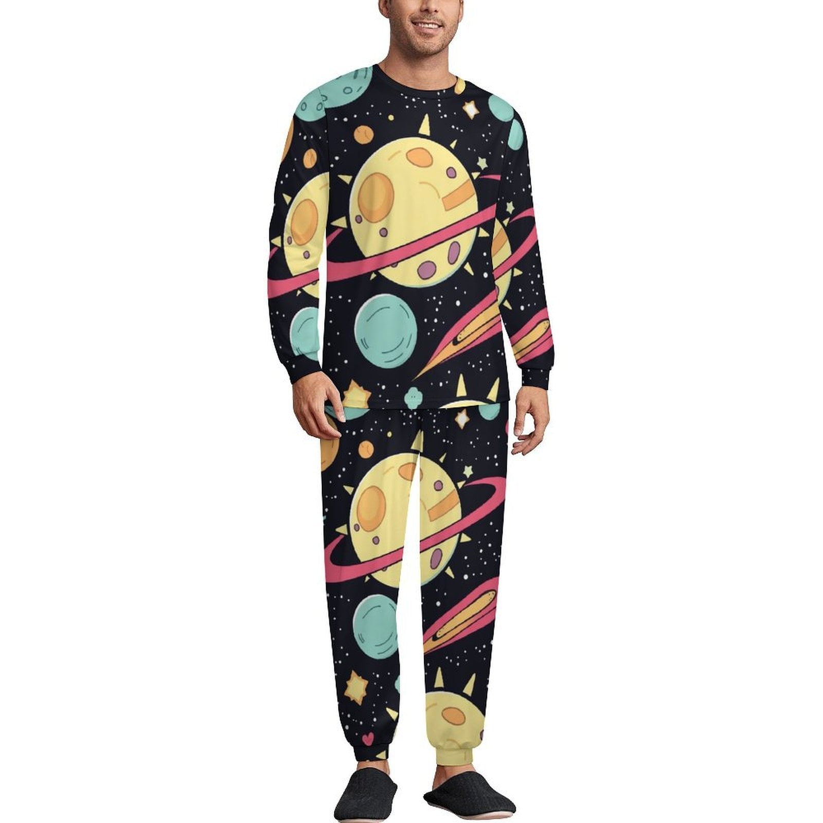 Cute Space Planets Stars Pajamas Long Sleeves 2 Pieces Room Pajama Sets Printed Warm Nightwear ...
