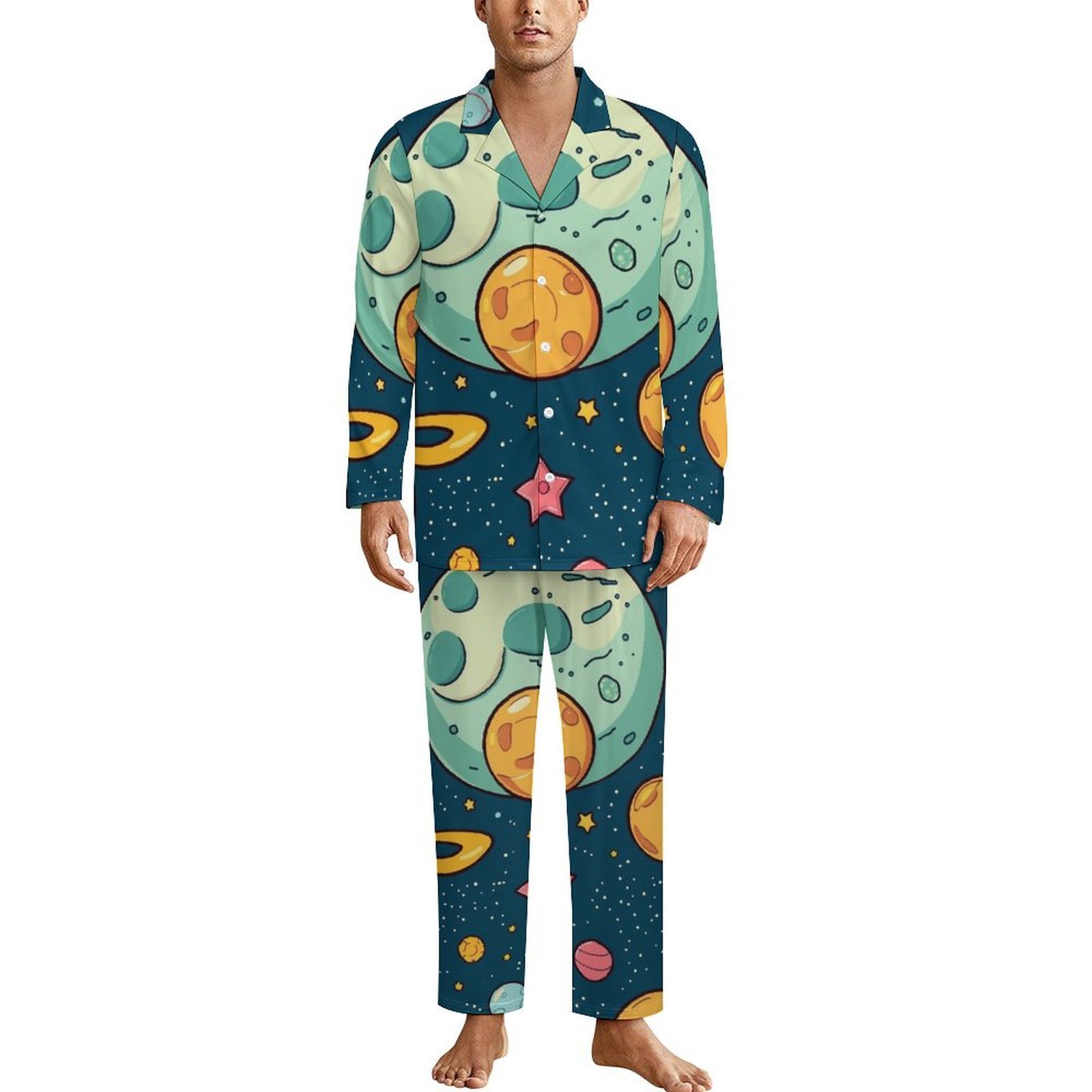 Cute Space Planets Stars Sleepwear Autumn Casual Oversize Pajama Sets ...