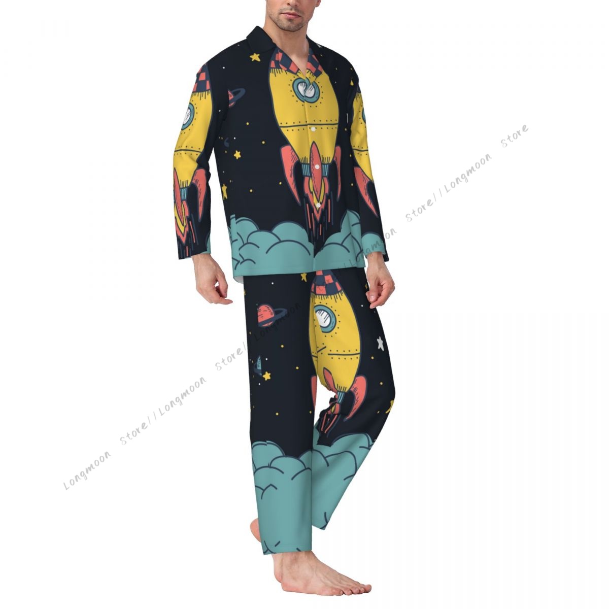 Cute Space Rocket Star Planet Probe Men Pajamas Long Sleeve Male ...