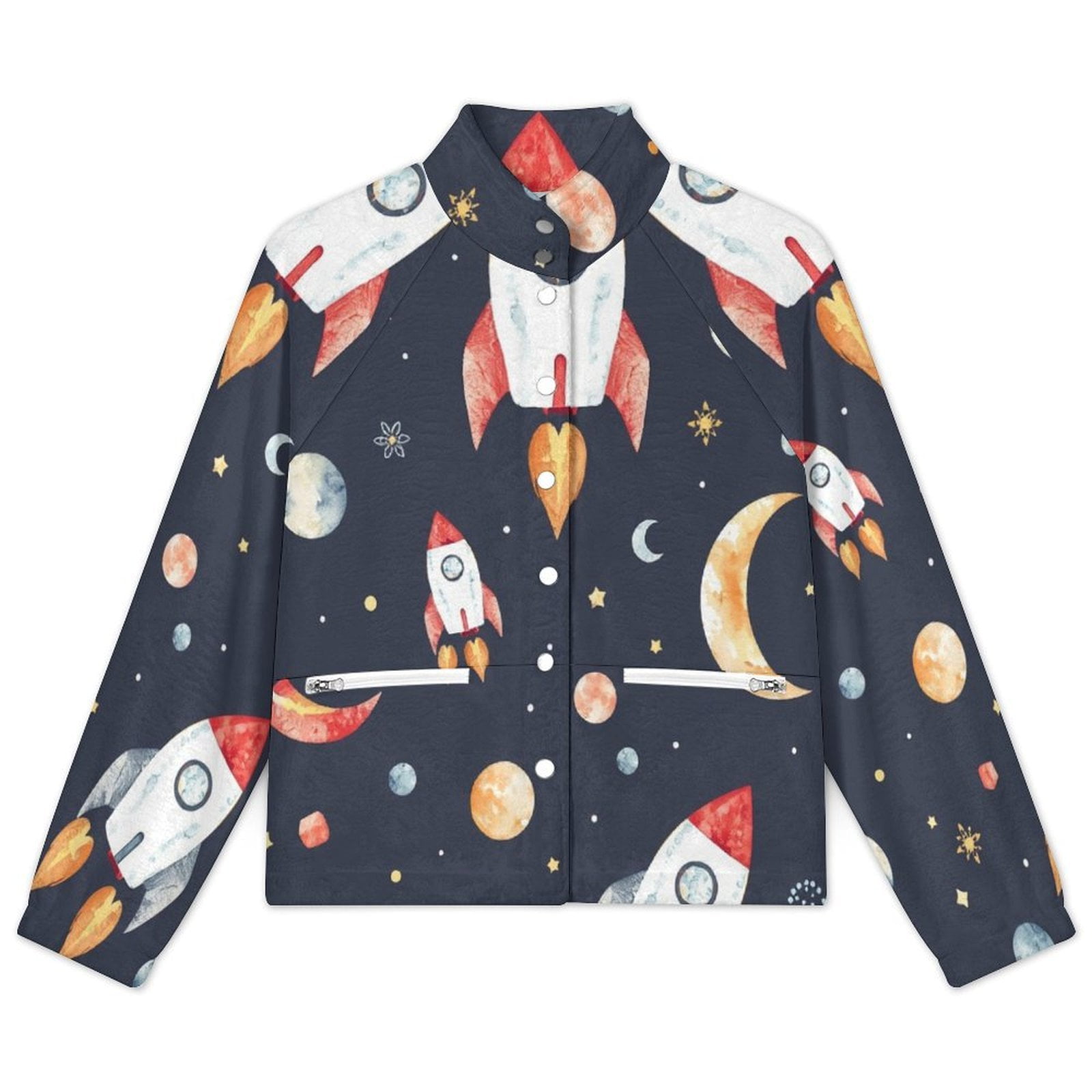 Cute Space Rockets Planets Fall Winter Women Jacket Stand Collar Thick ...