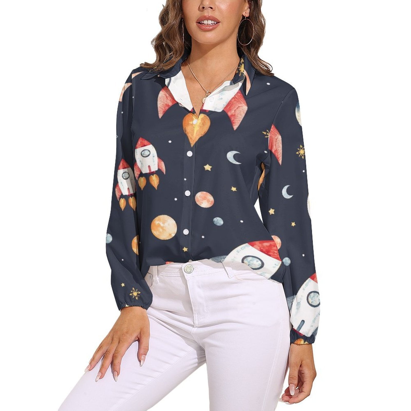 Cute Space Rockets Planets Women Long Sleeve Shirts Clothing Autumn ...