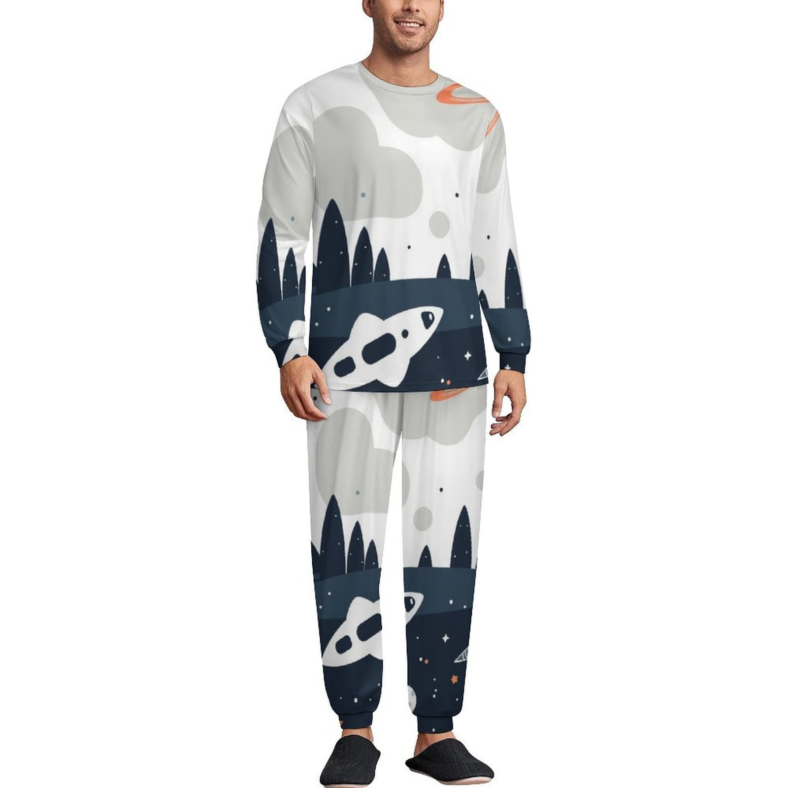 Cute Space Rocketship Art Pajamas Men Long Sleeves Pajama Sets 2 Pieces ...