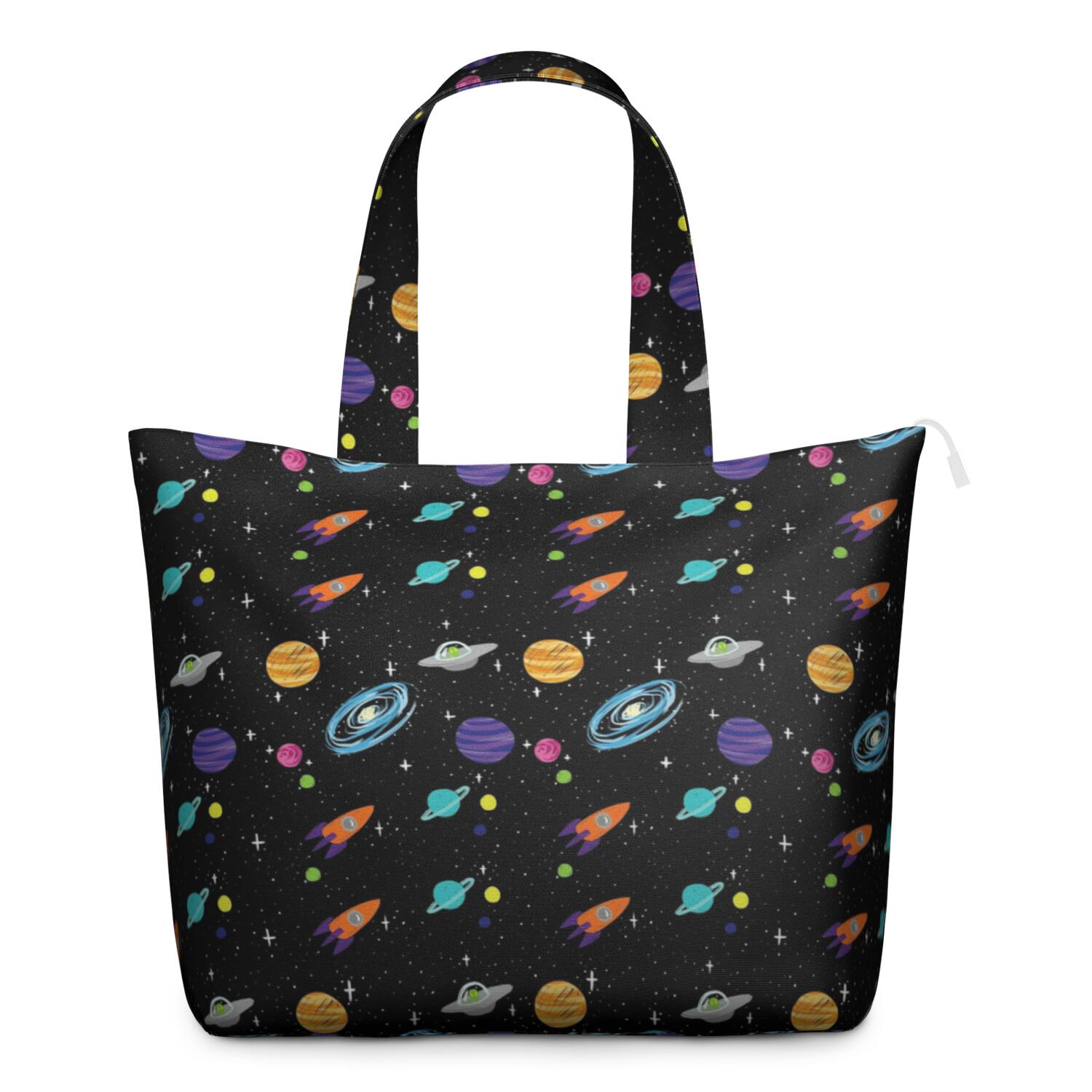 Cute Space-Themed Travel Tote Bag with Planets, Aliens, Spacecraft ...