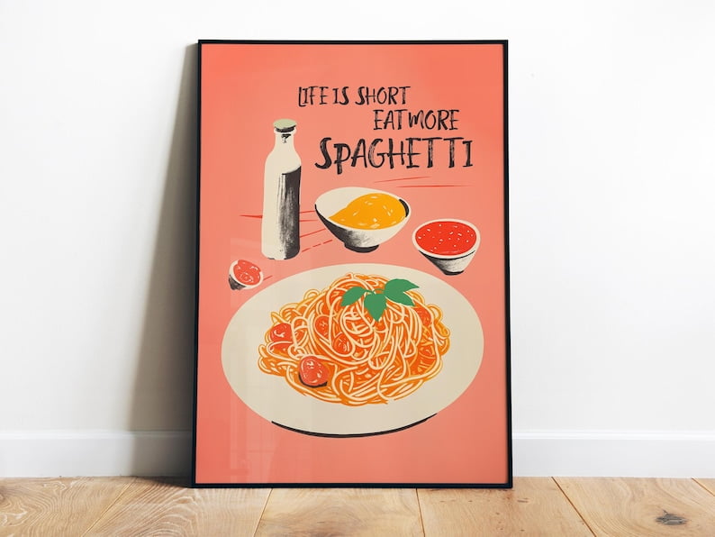 Cute Spaghetti Wall Print, Retro Pink Kitchen Art Poster, Pasta Night ...