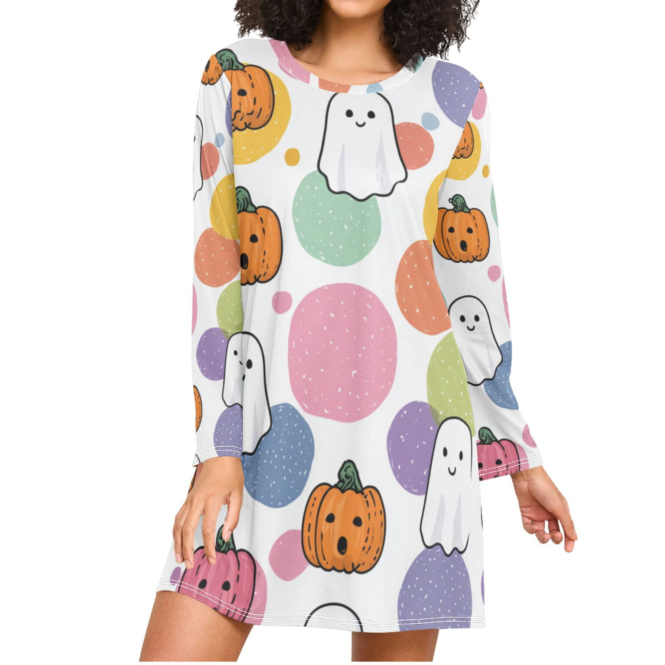 Cute Specter with Colorful Dot Pumpkins Halloween Women's Long Sleeves ...