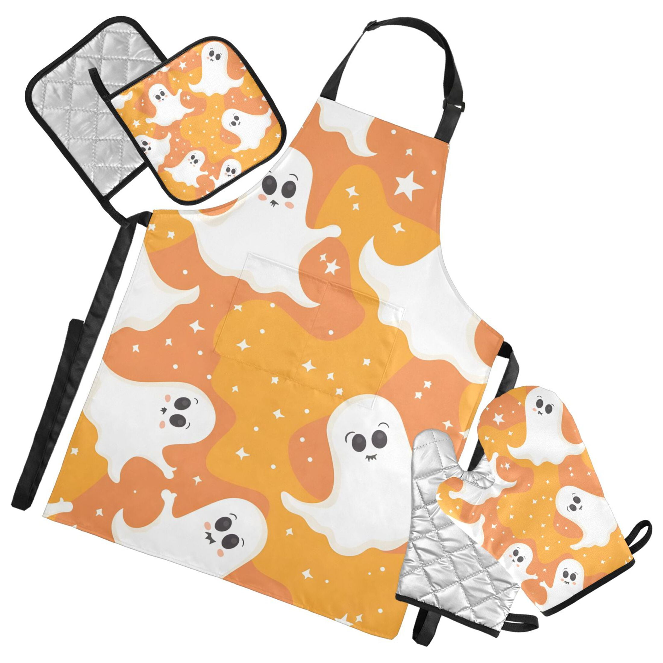 Cute Specters Stars Halloween Cartoon Apron Set with Oven Mitts Pot ...