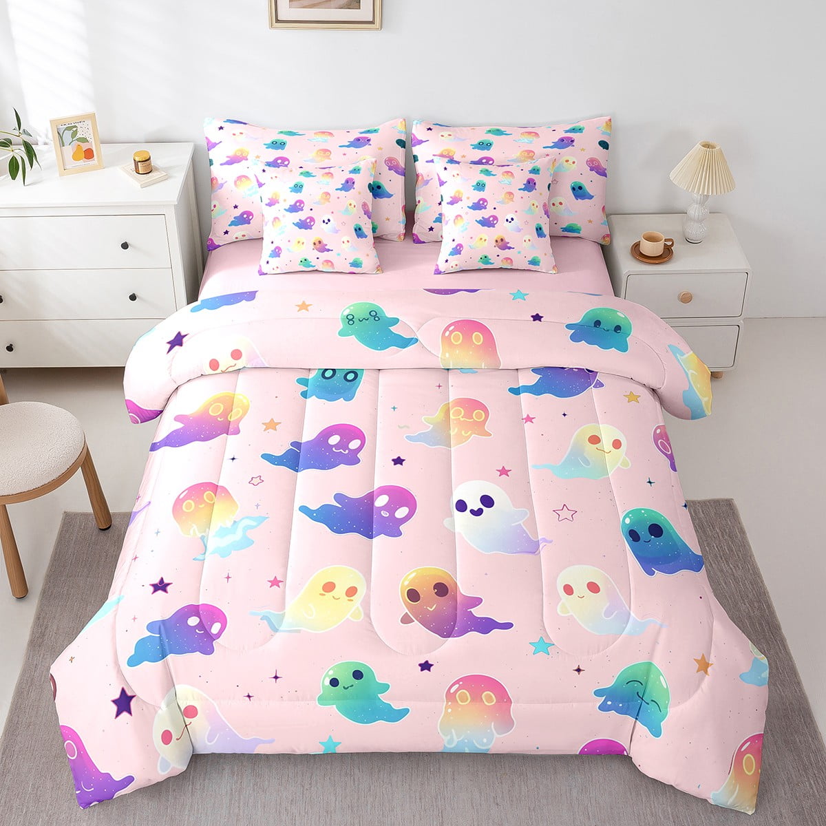 Cute Spooky Animal Twin Comforter Set 7pcs Colorful Neon Ghost Bedding ...