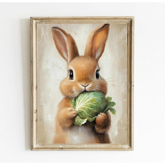 Cute Spring Bunny With Cabbage, Nursery Wall Art, Neutral Print, Spring ...