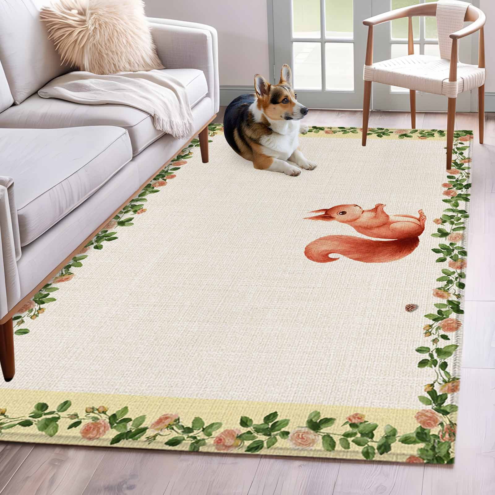 Cute Squirrel Area Rugs 2.7'x5' Spring Pink Rose Flower Green Leaf ...