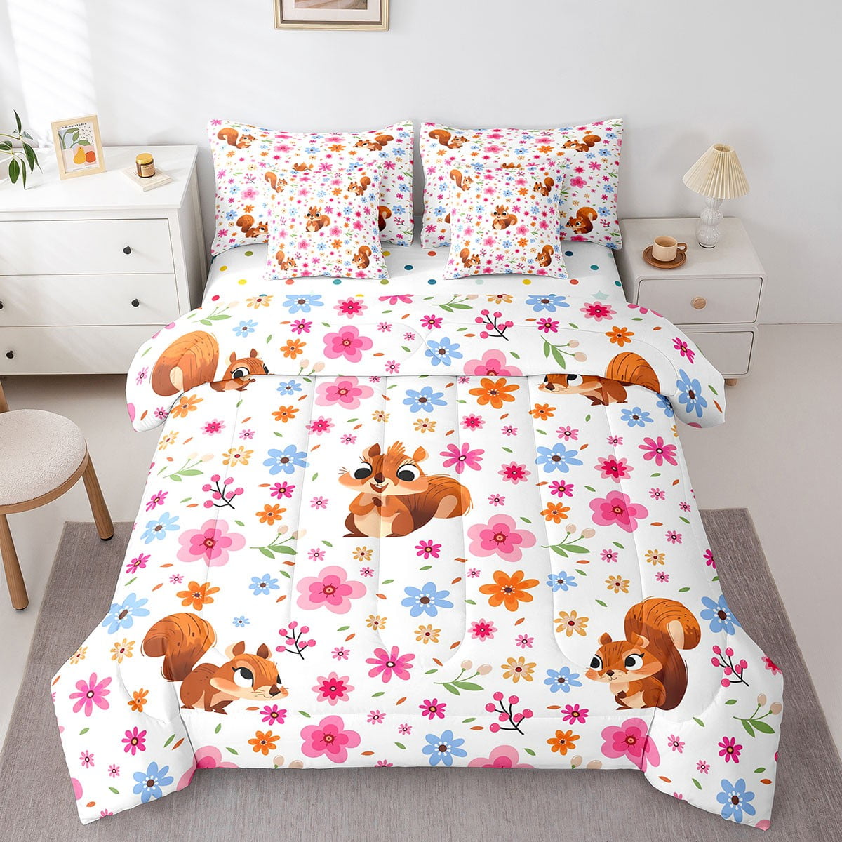 Cute Squirrel Bedding Comforter Sets 7pcs Girly Pink Floral Twin Bedding Sets, Animal Theme Bed ...