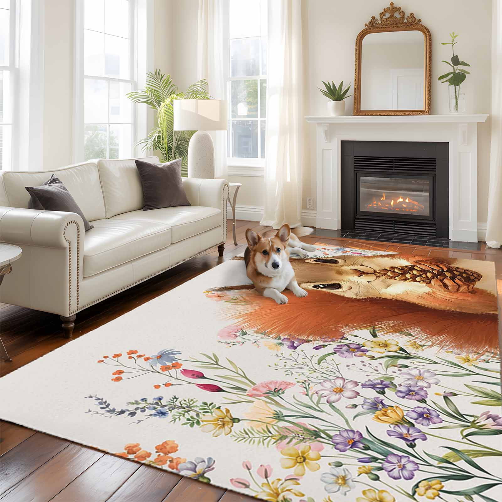 Cute Squirrel Large Area Rugs 5x8 ft Vintage Purple Pink Flower Leaf ...