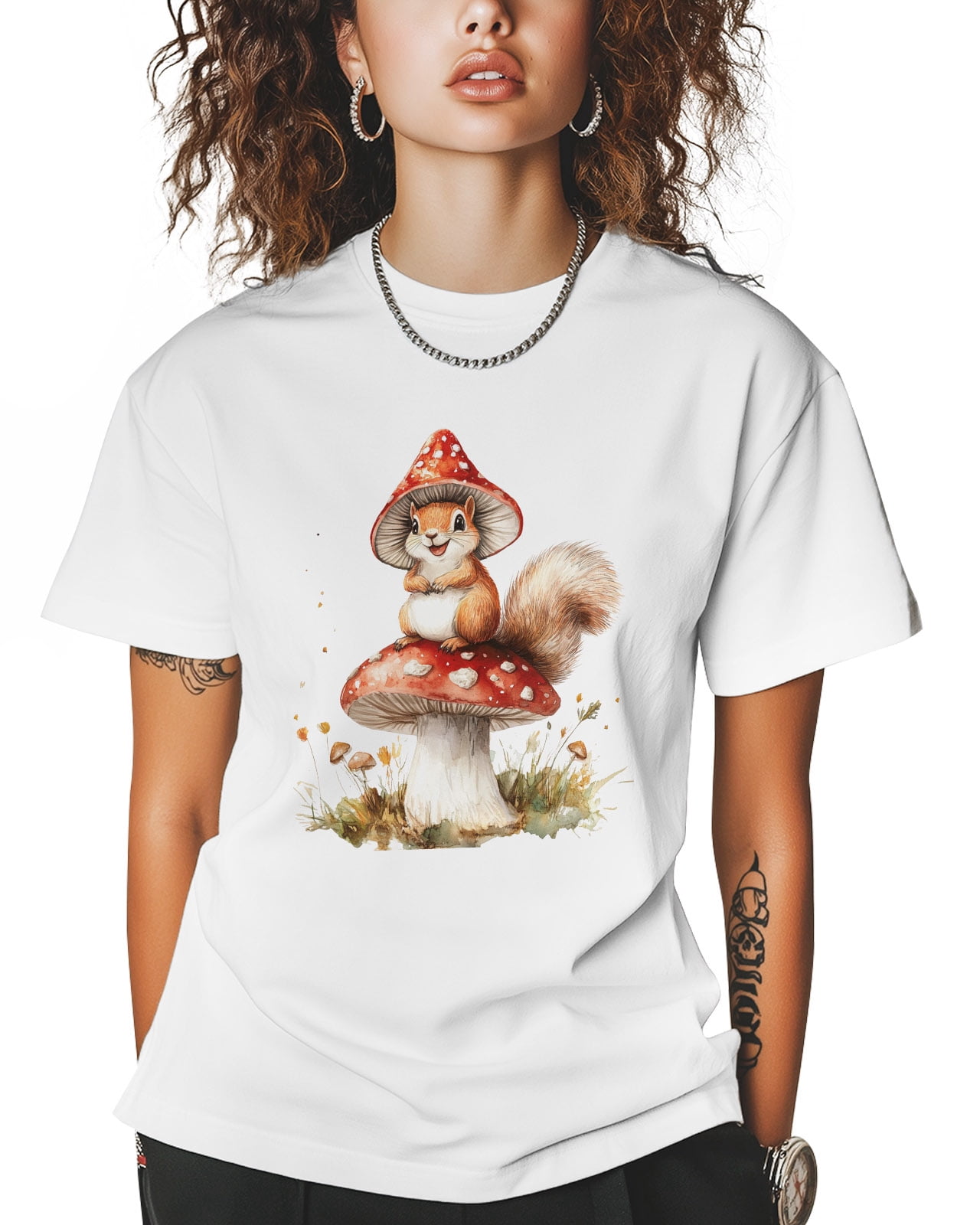 Cute Squirrel Mushroom T Shirts for Women Short Sleeve Cotton Crewneck ...