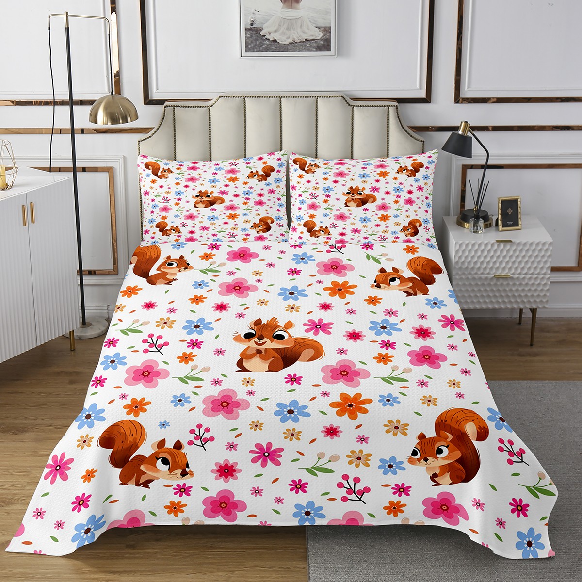 Cute Squirrel Queen Bedspread Set Girly Pink Floral Quilt Set, Animal Theme Coverlet Set Chic ...