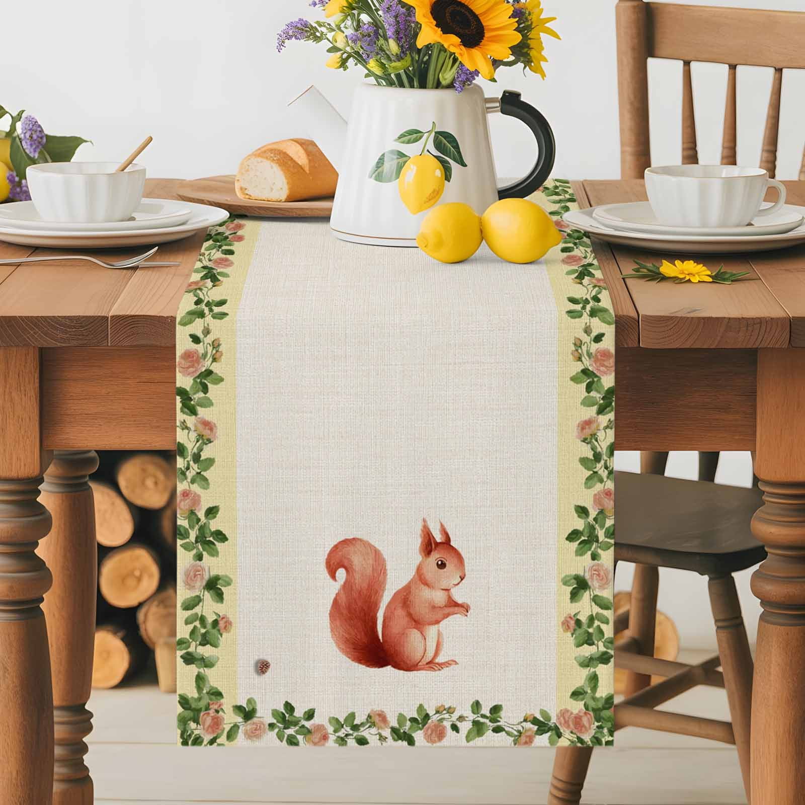Cute Squirrel Table Runner 13x108 Inch Spring Pink Rose Flower Green ...