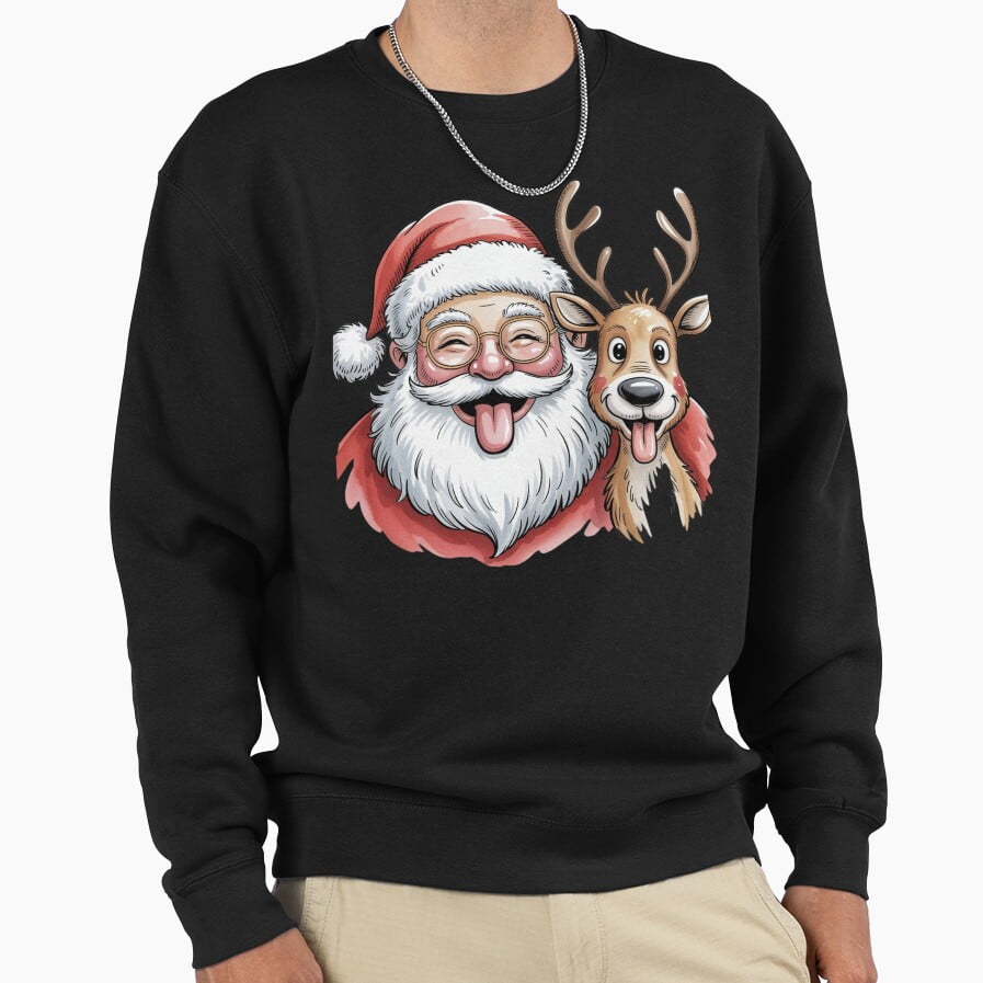 Cute St. Nick And Reindeer Cartoon Unisex Sweatshirt Funny Christmas ...