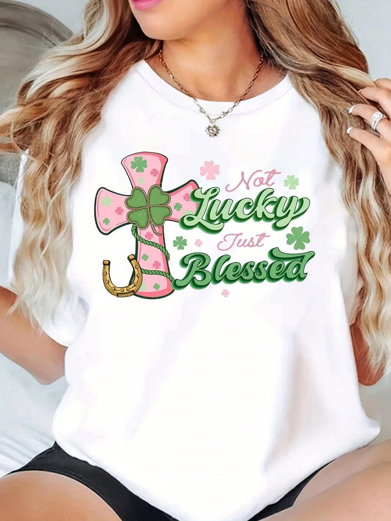 Cute St. Patrick's Day Lucky Blessed Cross Graphic Women's Short Sleeve ...
