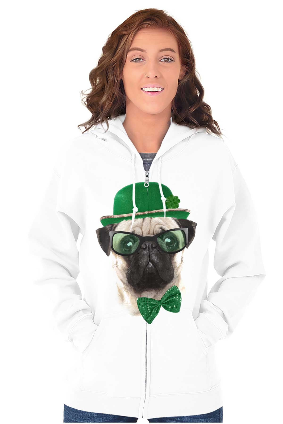 Cute St Pattys Day Leprechaun Pug Womens Plus Size Graphic Zipper ...