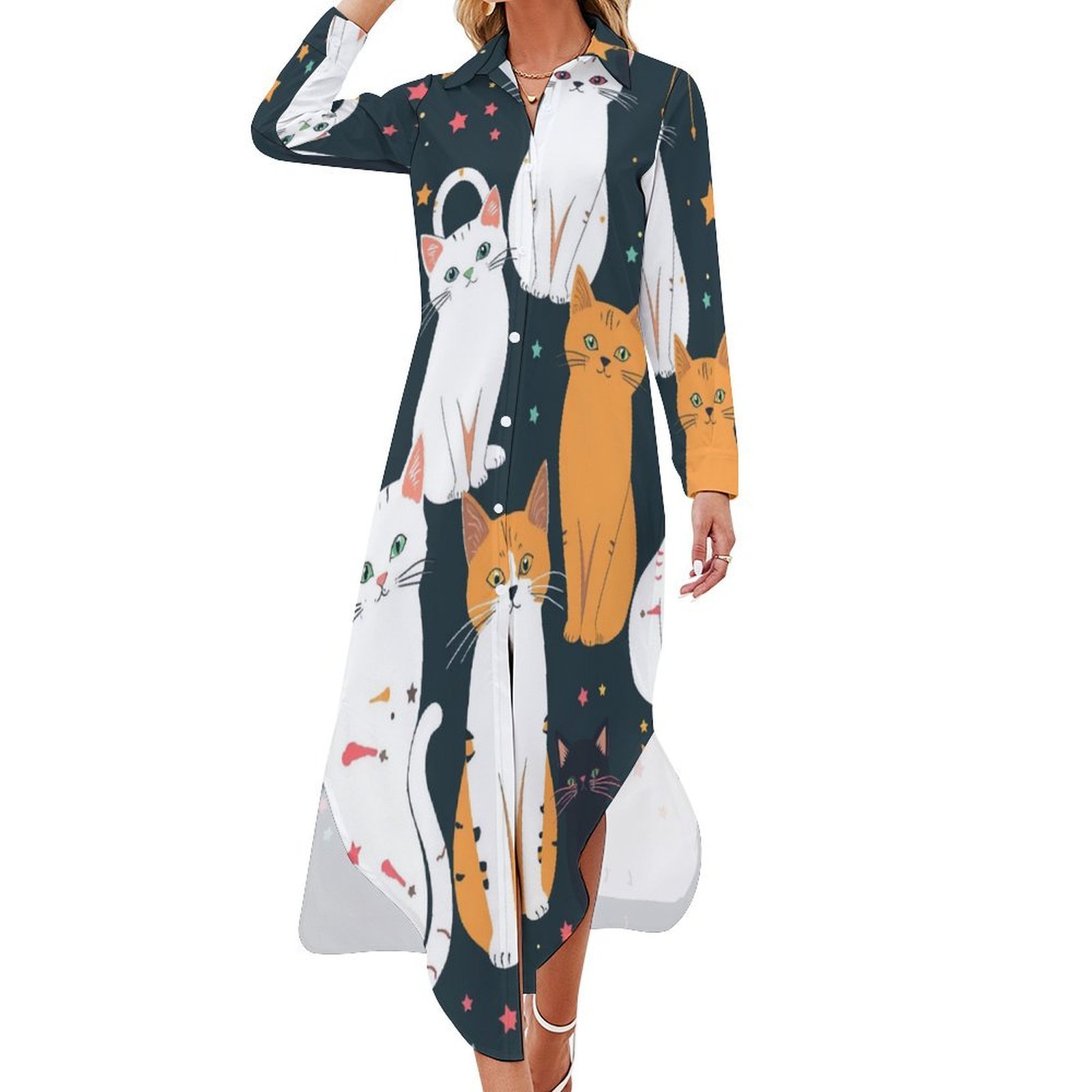 Cute Starry Cats Chiffon Dress V Neck Dresses Female Casual Dress ...