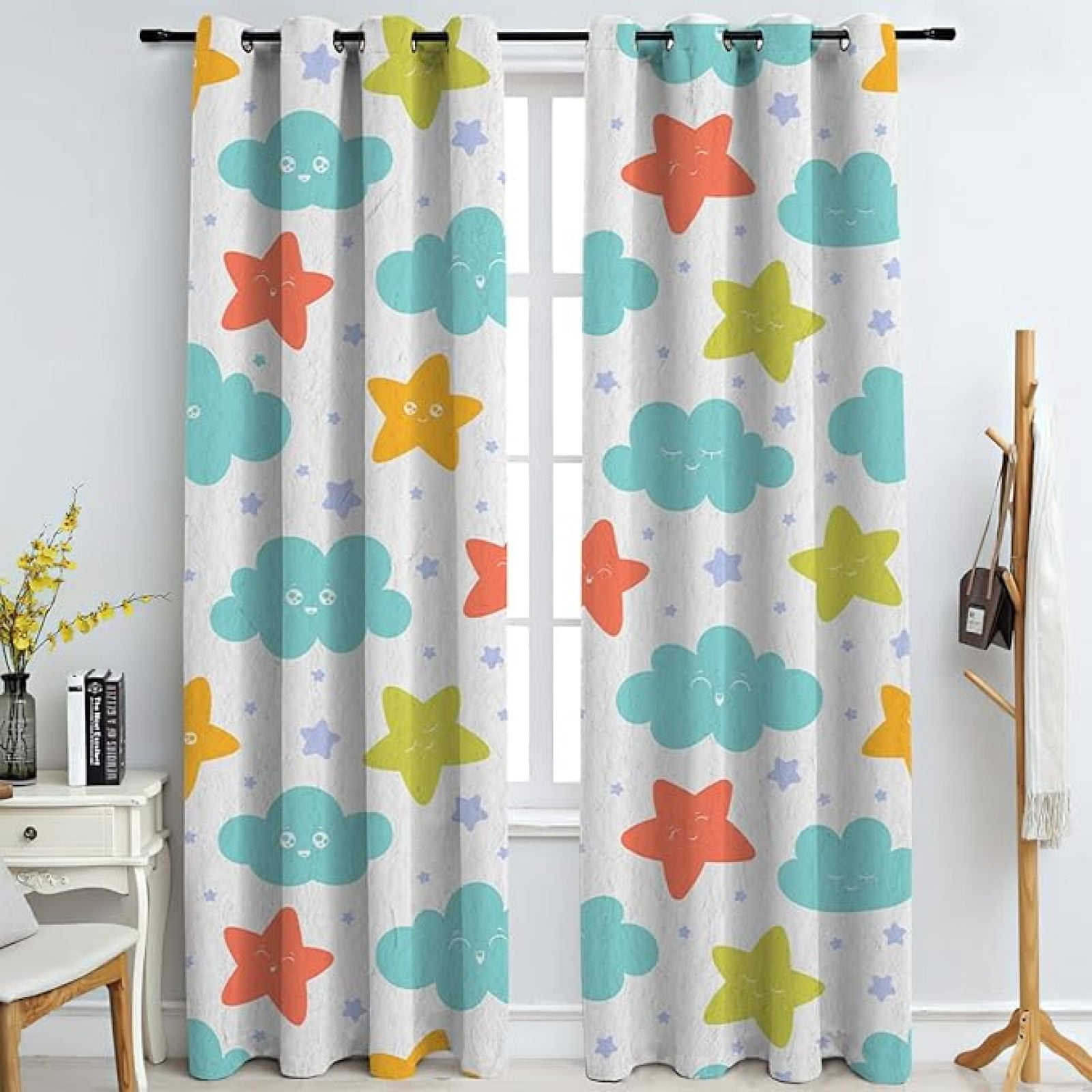 Cute Stars And Clouds Print Curtain, Colorful Cartoon Princess Room ...