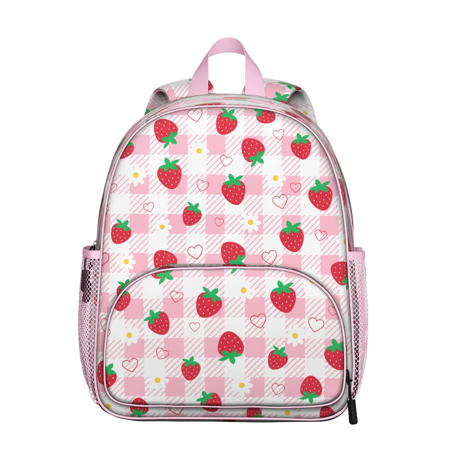 Red Berry Themed Backpack with Strawberry and Flower Print, Small Kawaii School Bag for Summer ...