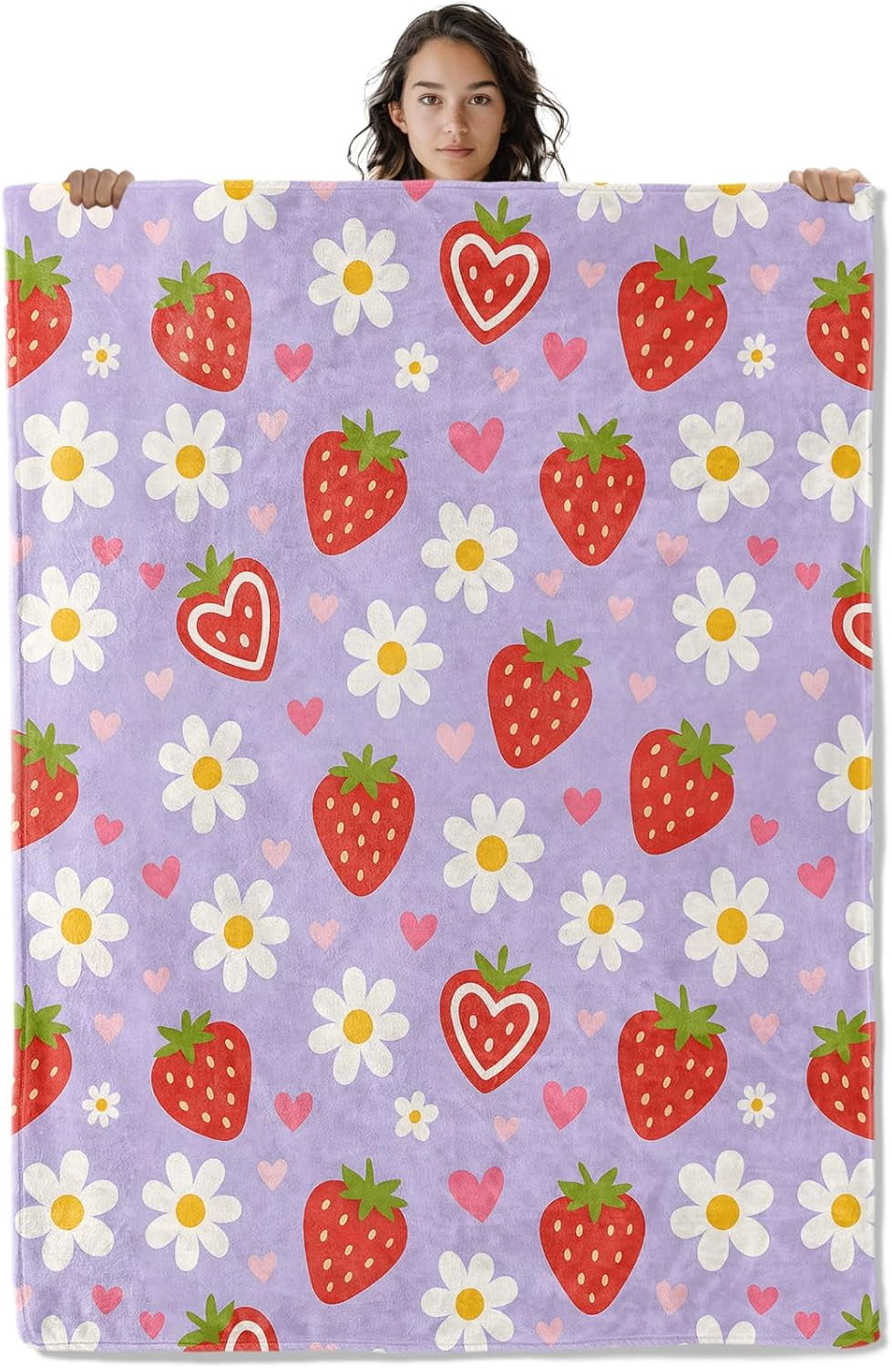 Cute Strawberry Blanket, Daisy and Heart Design 60 x 50 Inch Flannel ...