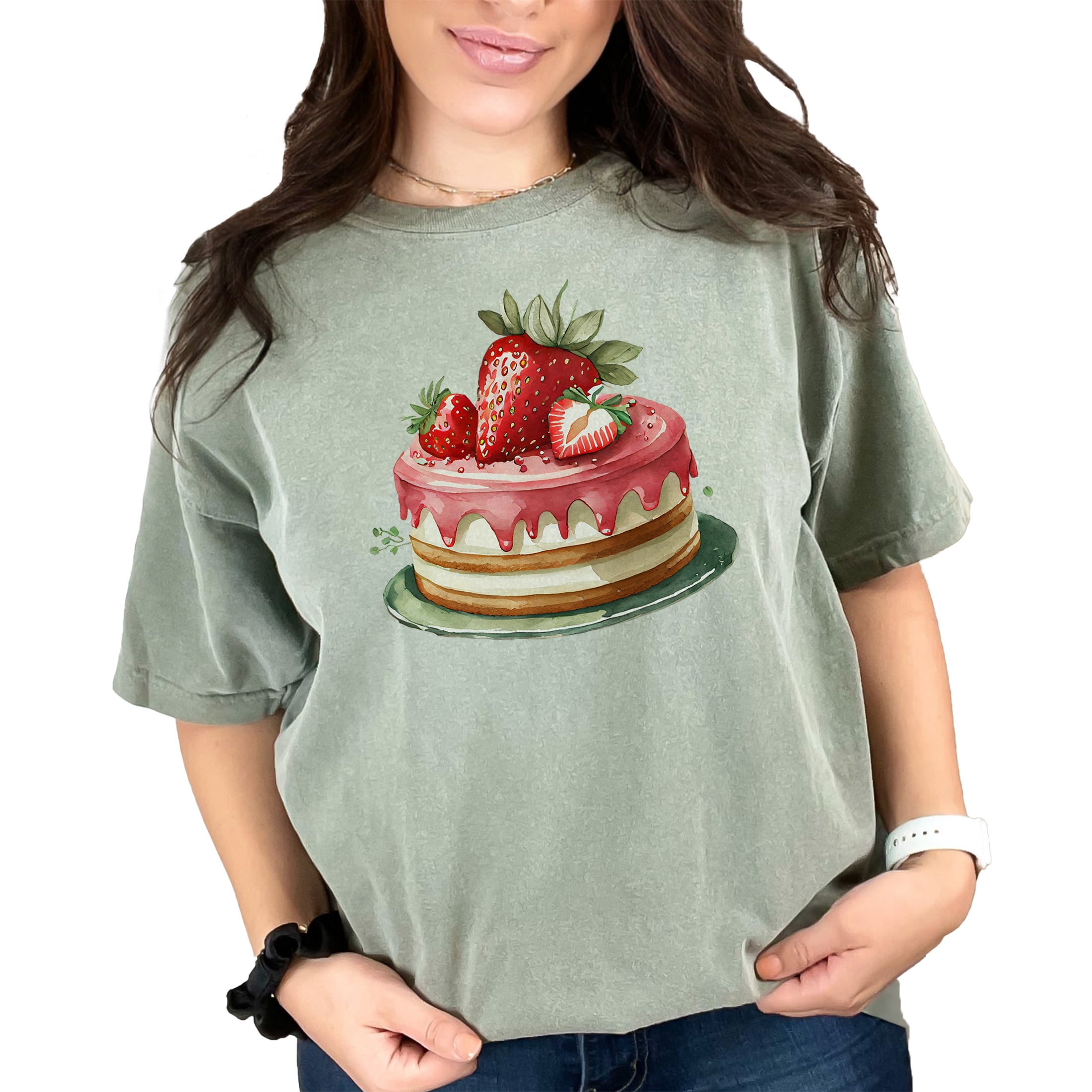 Cute Strawberry Cake Watercolor Art T-Shirt, Delicious Dessert Graphic ...