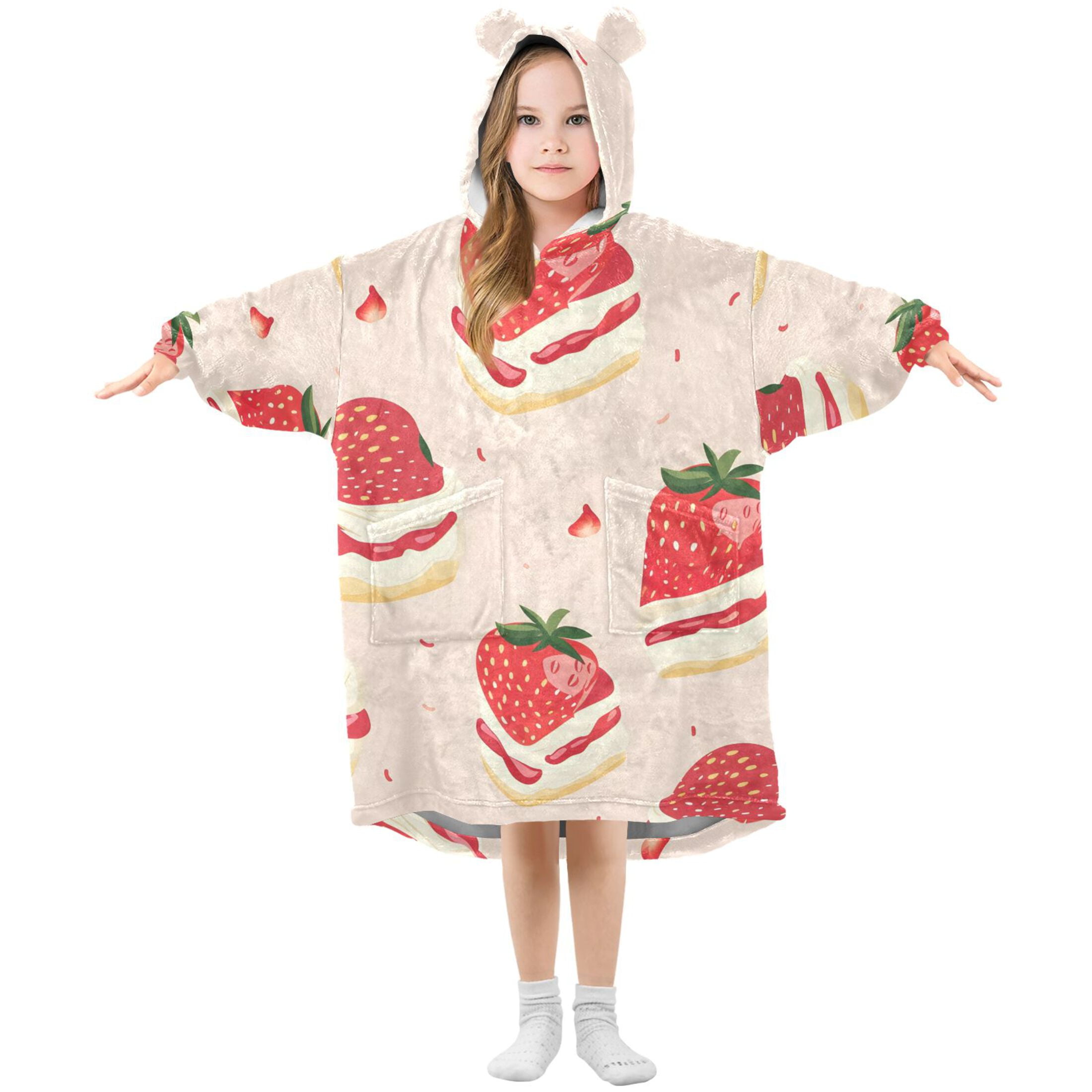 Cute Strawberry Cakes Cartoon Flannel Wearable Blankets Hooded Design ...