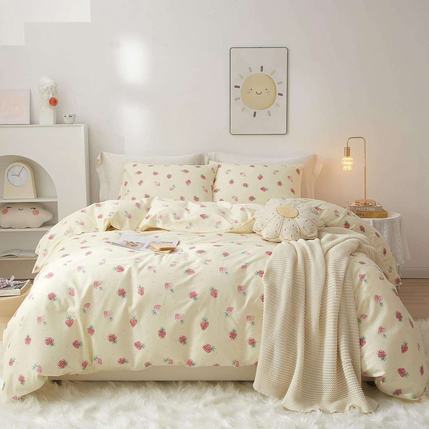 Cute Strawberry Duvet Cover Full 3 Pieces Fruit Bedding Set Cream White ...