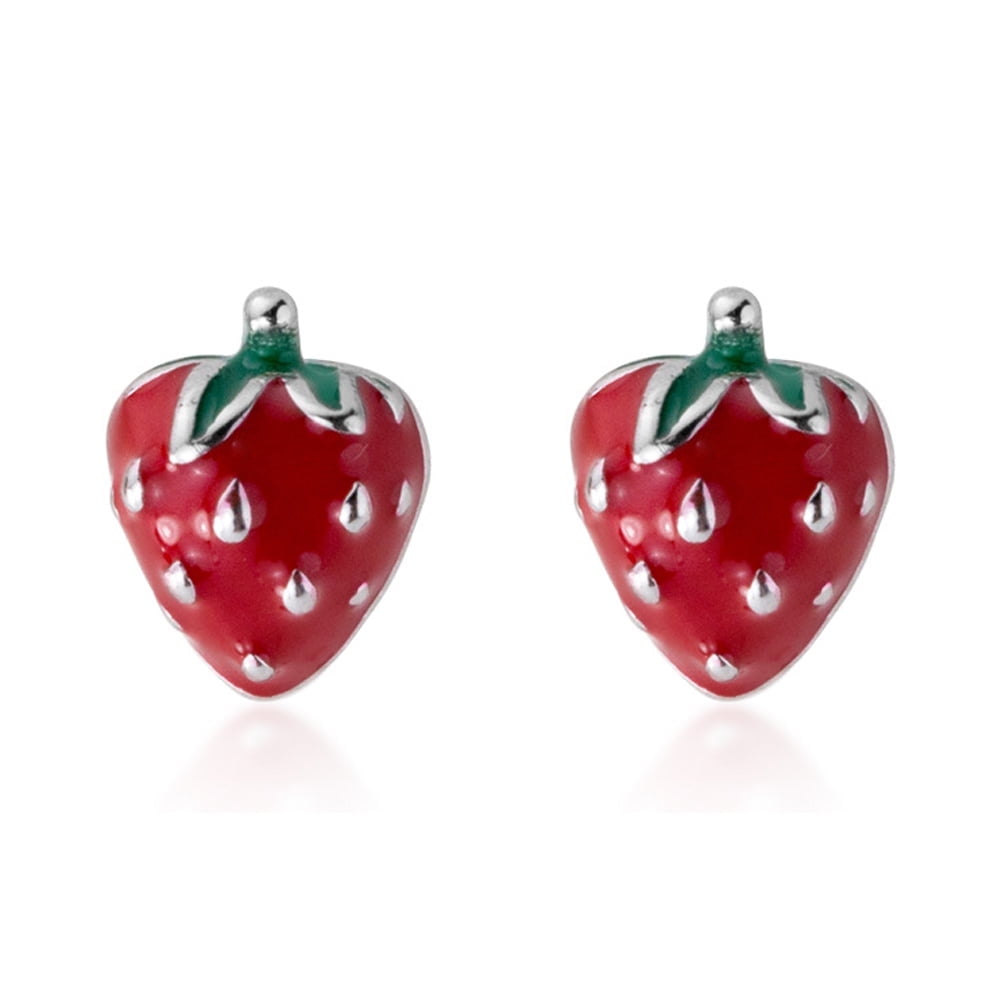 Cute Strawberry Fruits Stud Earrings Sterling Silver Tiny Cartilage ...